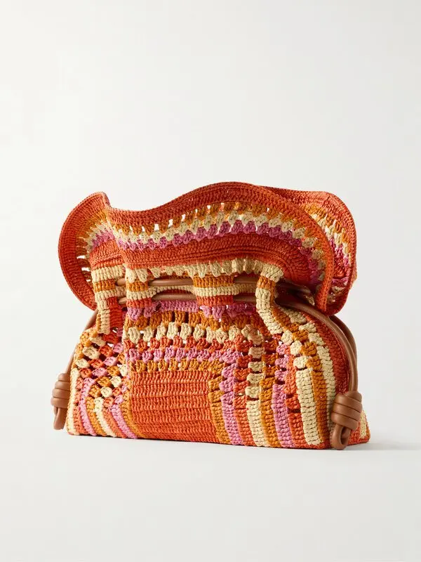 Loewe Mini Crocheted Raffia Clutch With Leather Trim - Orange