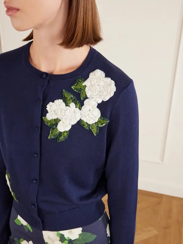Carolina Herrera Floral-embellished Silk And Cotton-blend Cardigan