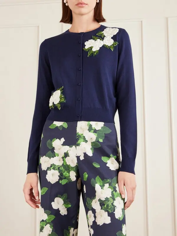 Carolina Herrera Floral Embellished Silk And Cotton-blend Cardigan