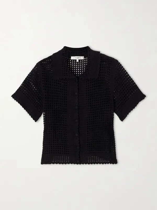 FRAME Crochet Knit Button-up Top With Scalloped Trim - Black