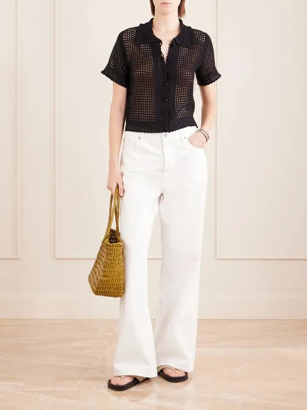 FRAME Crochet Knit Button-up Top With Scalloped Trim - Black