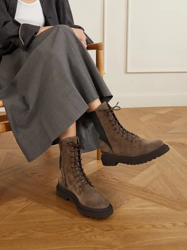 Brunello Cucinelli Suede Ankle Combat Boots - Brown