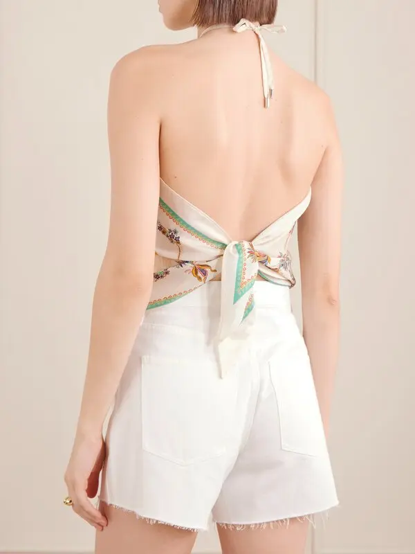 Etro Triangle Floral-print Halter Neck Silk-twill Top - White