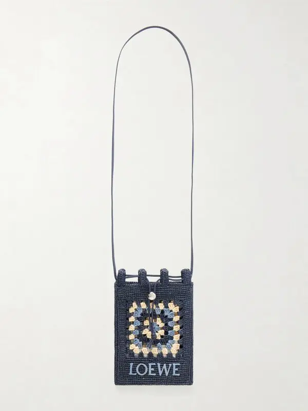 Loewe Crocheted Raffia Bucket Bag With Leather Trim And Logo Embroidery - Blue
