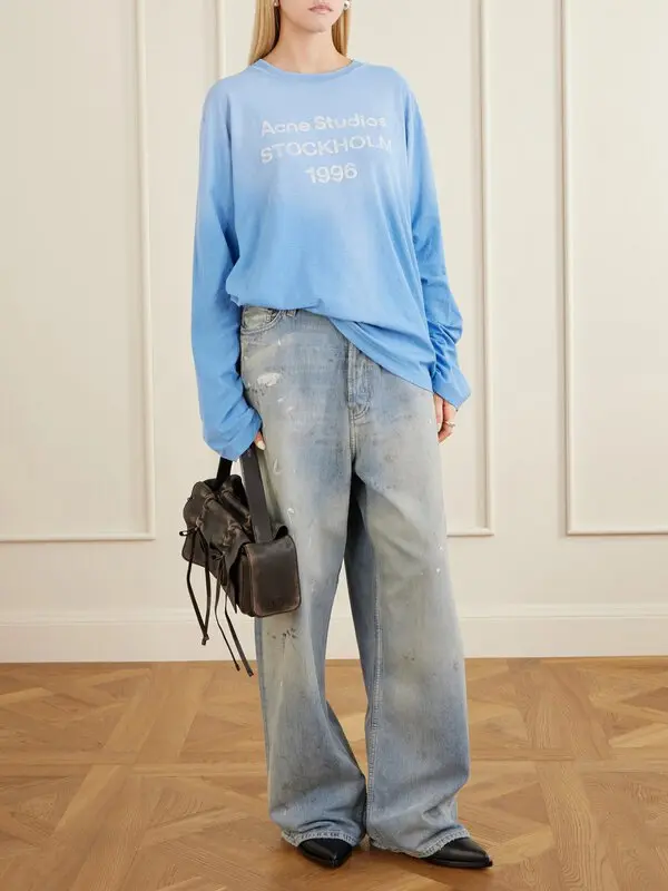 Acne Studios Distressed Logo Printed Long Sleeve T-shirt - Blue