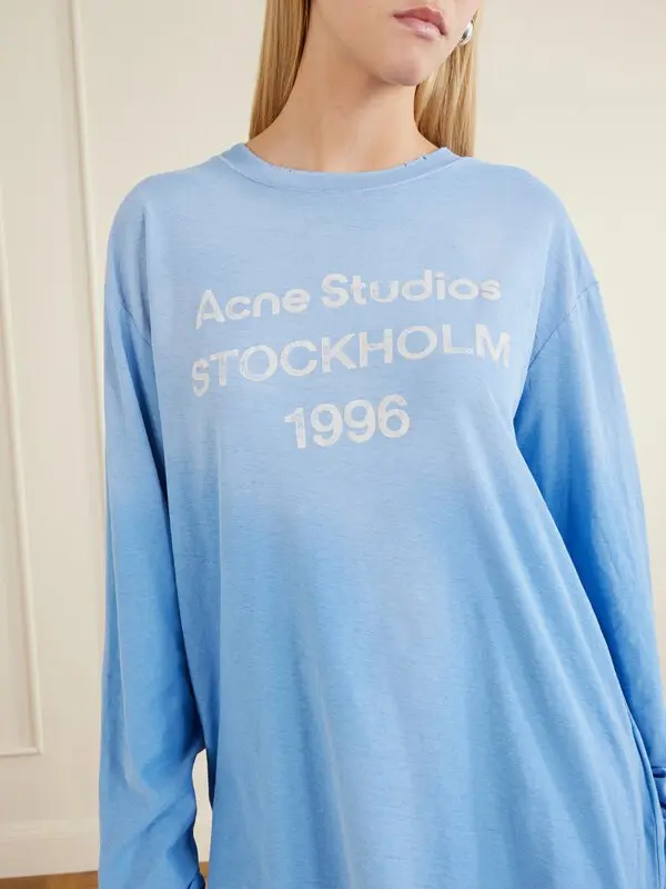Acne Studios Distressed Logo Printed Long Sleeve T-shirt - Blue