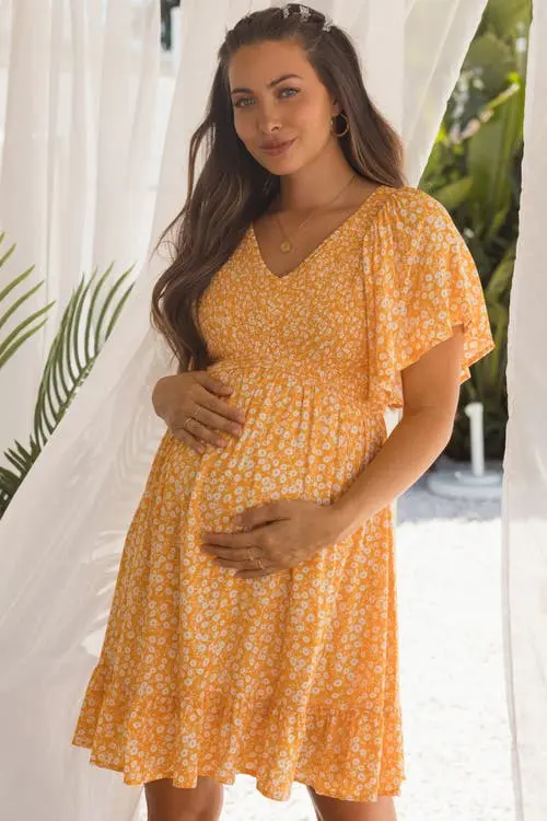 PINKBLUSH Floral Smocked Flutter Sleeve Maternity Dress