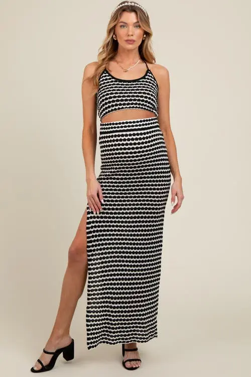 PINKBLUSH Striped Crochet Crop Swimsuit Cover Up Set - Black