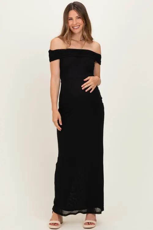 PINKBLUSH Off Shoulder Mesh Maxi Dress - Black