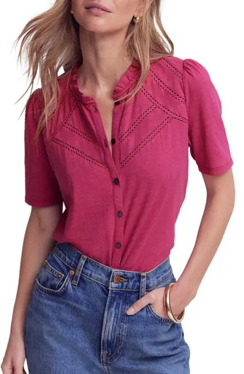 Boden Lace Trim Short Sleeve Cotton Button-up Shirt