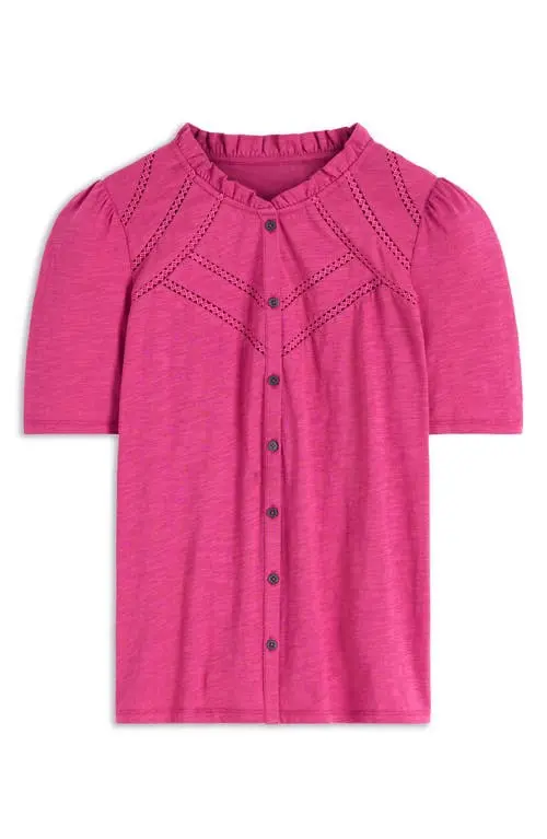 Boden Lace Trim Short Sleeve Cotton Button-up Shirt