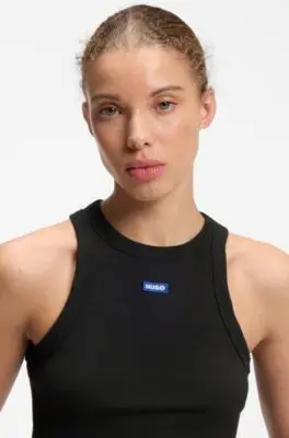 Hugo Ribbed Stretch Cotton Tank Top With Blue Logo Label