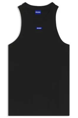 Hugo Ribbed Stretch Cotton Tank Top With Blue Logo Label