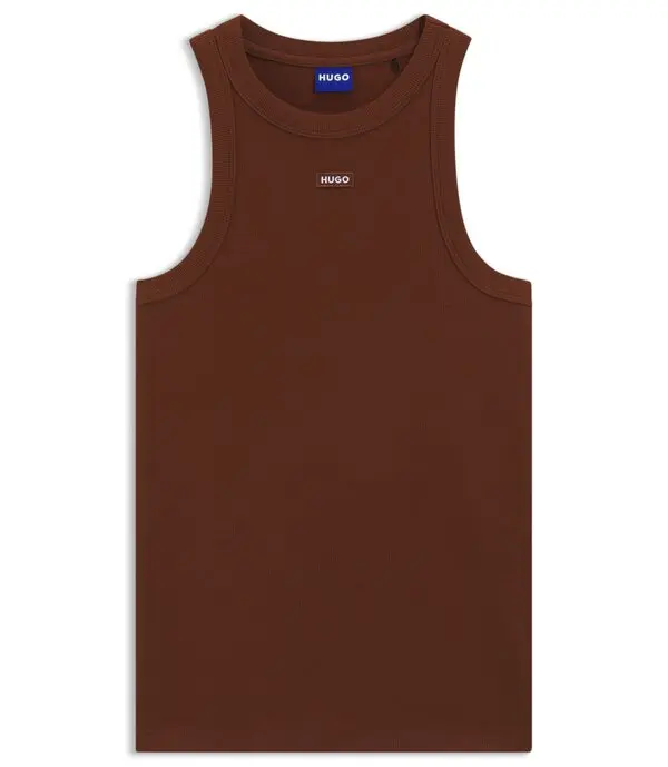 Hugo Ribbed Stretch Cotton Tank Top With Blue Logo Label - Brown