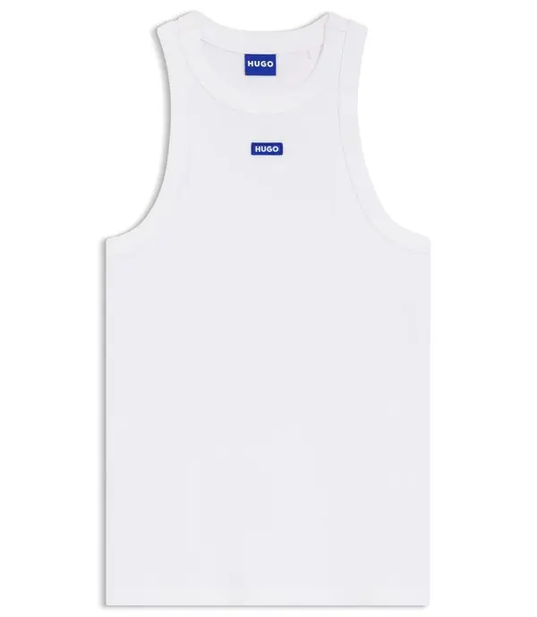 Hugo Ribbed Stretch Cotton Tank Top With Blue Logo Label - White