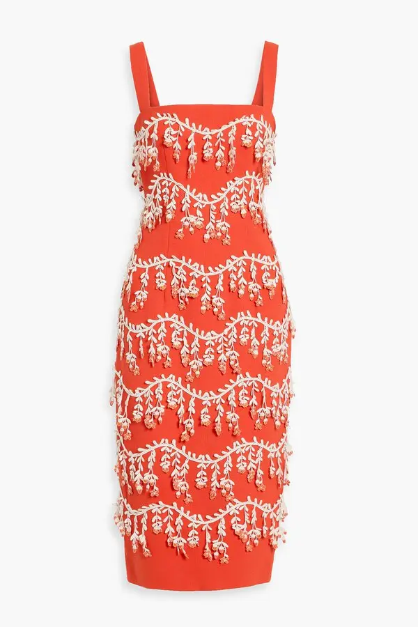 Lela Rose Floral Appliquéd Wool-blend Crepe Midi Dress - Coral