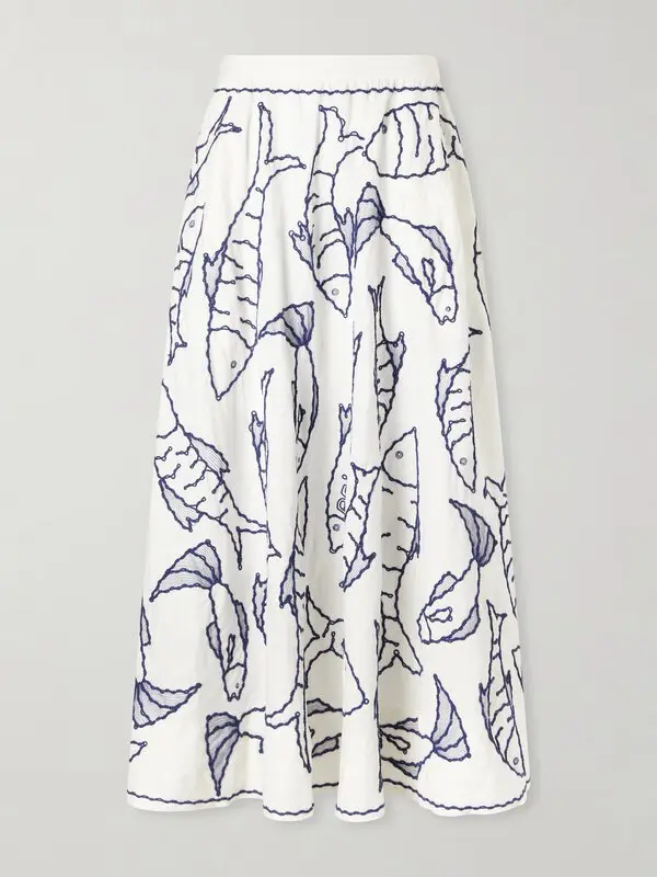 Farm Rio Fresh Fish Embroidered Midi Skirt - Neutrals