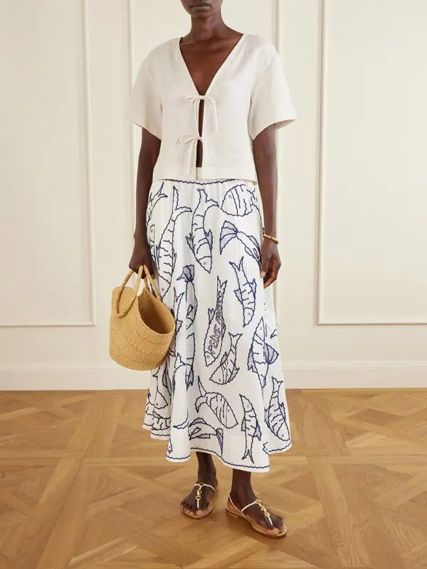 Farm Rio Fresh Fish Embroidered Midi Skirt - Neutrals