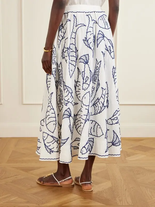 Farm Rio Fresh Fish Embroidered Midi Skirt - Neutrals