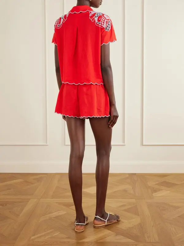 Farm Rio Embroidered Linen-blend Short-sleeve Blouse - Red
