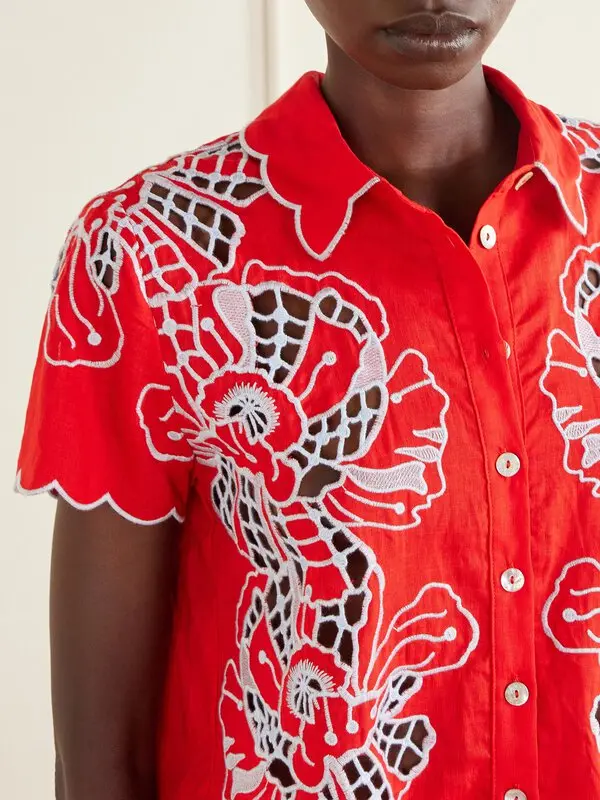 Farm Rio Embroidered Linen-blend Short-sleeve Blouse - Red