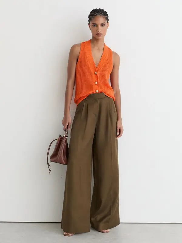 REISS Robin Linen Button-through Knitted Waistcoat - Orange