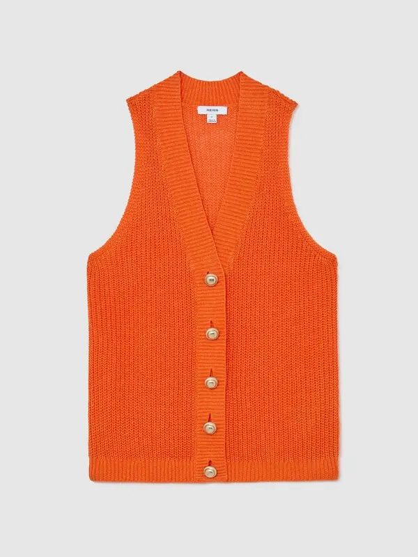 REISS Robin Linen Button-through Knitted Waistcoat - Orange