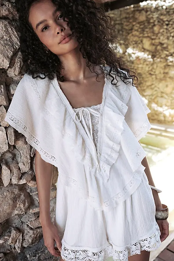 Free People A Bird Cotton Romper With Lace Trim - Morning Oat