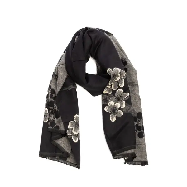 Saachi Two Color Floral Reversible Scarf - Black