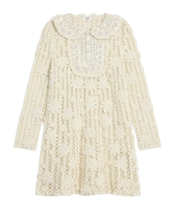 Celine Embroidered Crocheted Mini Dress - Off-white