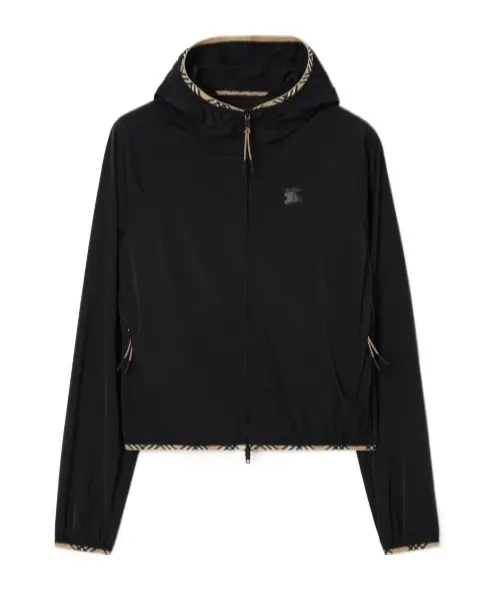 Burberry Stretch Hooded Jacket With Check Trim