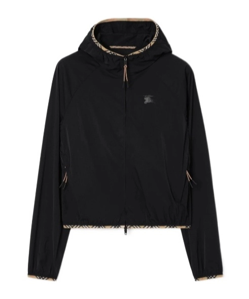 Burberry Stretch Hooded Jacket With Check Trim - Black