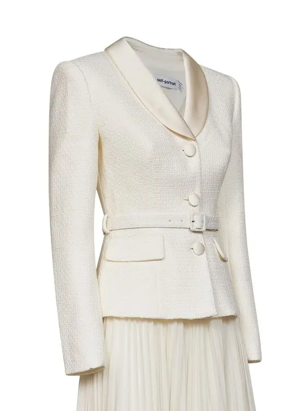 SELF-PORTRAIT Cream Boucle Shawl Collared Midi Dress - No