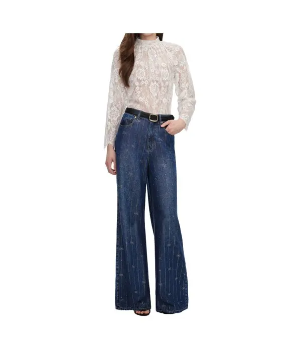 SELF-PORTRAIT Embellished Stripe Wide-leg Jeans