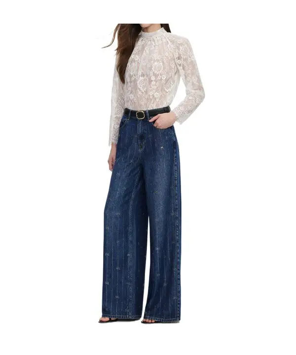 SELF-PORTRAIT Embellished Stripe Wide-leg Jeans