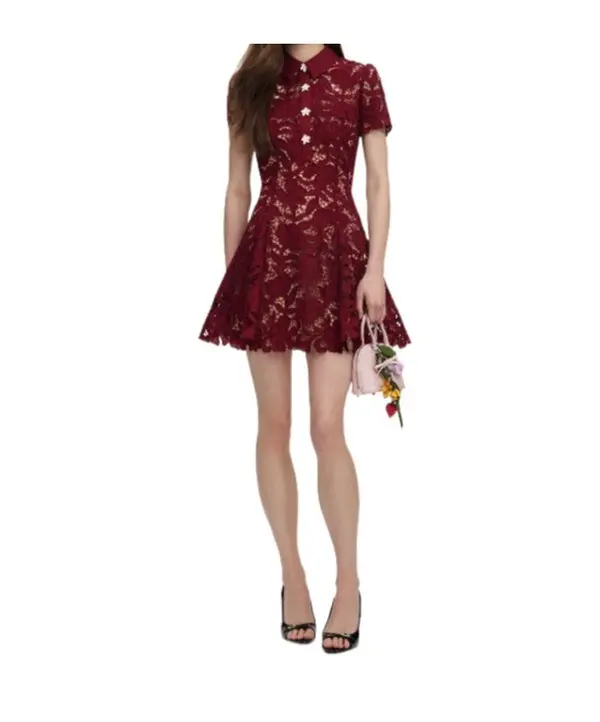 SELF-PORTRAIT Lace Mini Dress With Floral Button Details - Wine Red