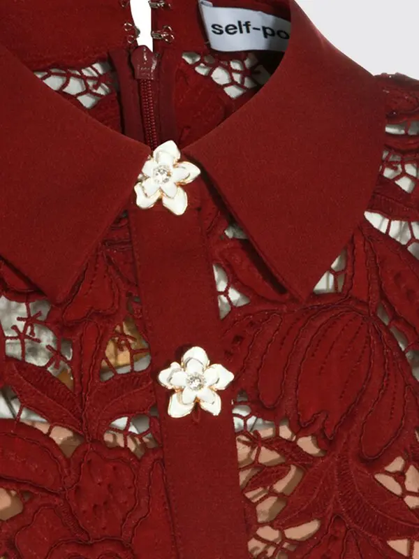 SELF-PORTRAIT Lace Mini Dress With Floral Button Details - Wine Red