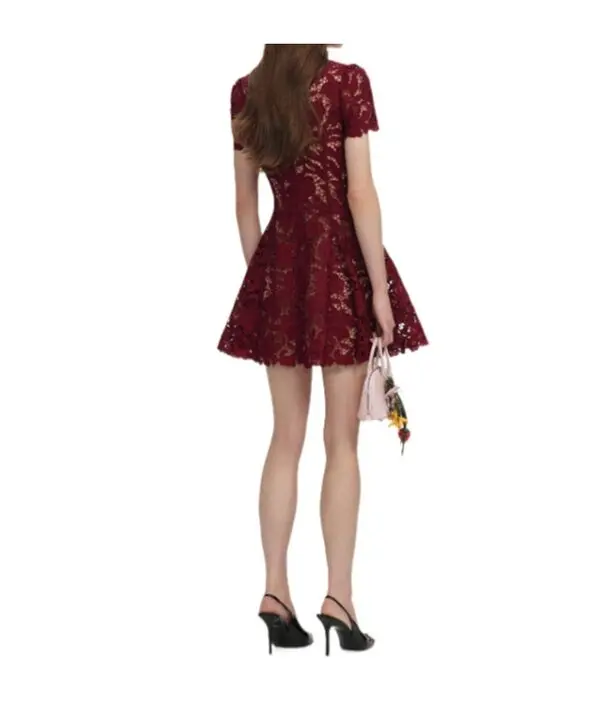 SELF-PORTRAIT Lace Mini Dress With Floral Button Details - Wine Red