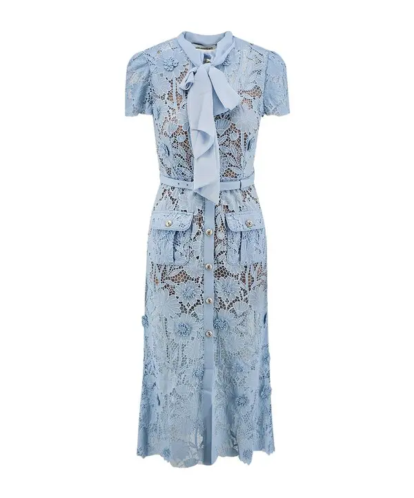 SELF-PORTRAIT Lace Tie Neck Midi Dress - Light Blue