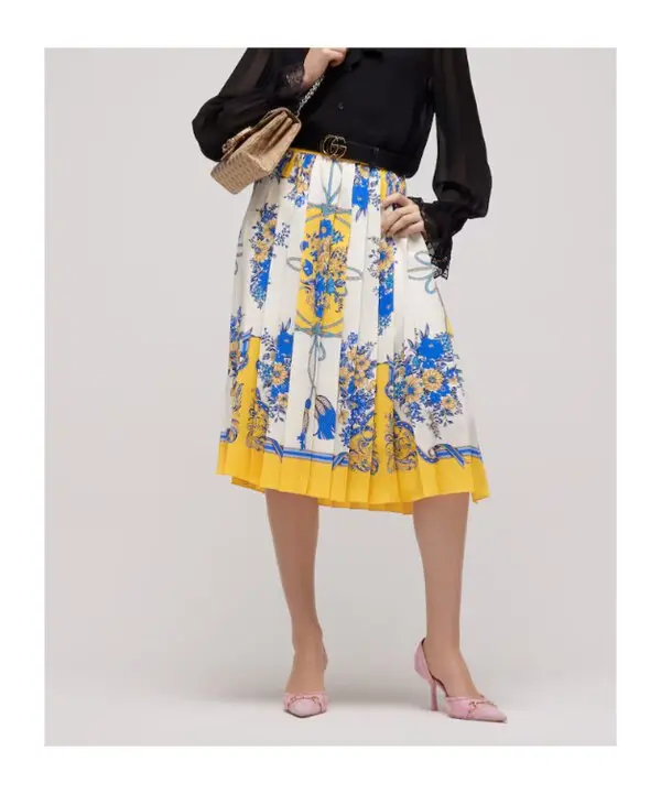 Gucci Printed Silk Pleated Midi Skirt