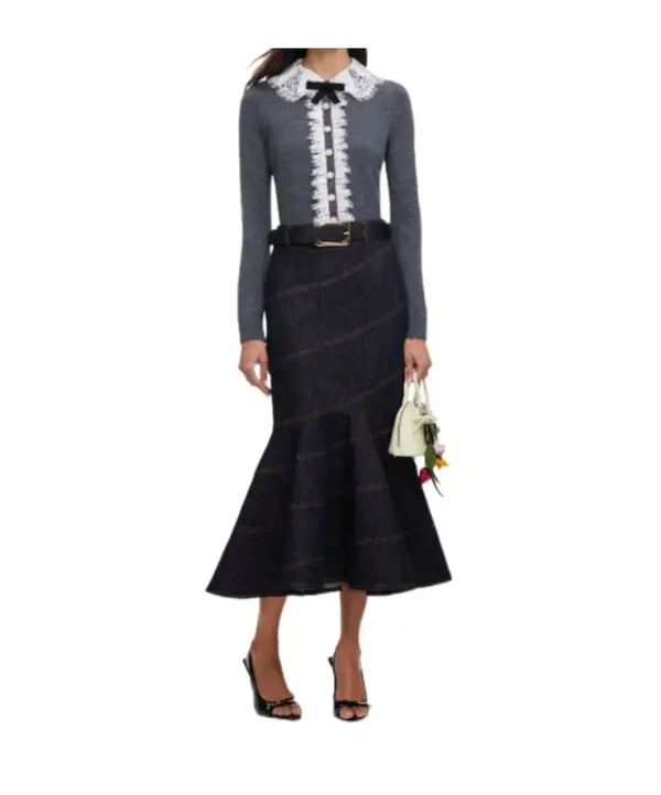SELF-PORTRAIT Grey Lace Collar Knit Cardigan - Black