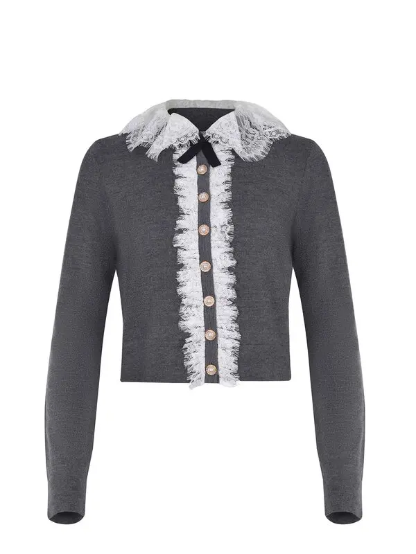 SELF-PORTRAIT Lace Collar Knit Cardigan - Black