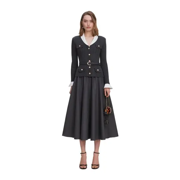 SELF-PORTRAIT Knit Twill Midi Dress - Black