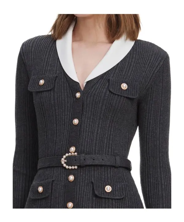 SELF-PORTRAIT Belted Ribbed-knit Midi Dress
