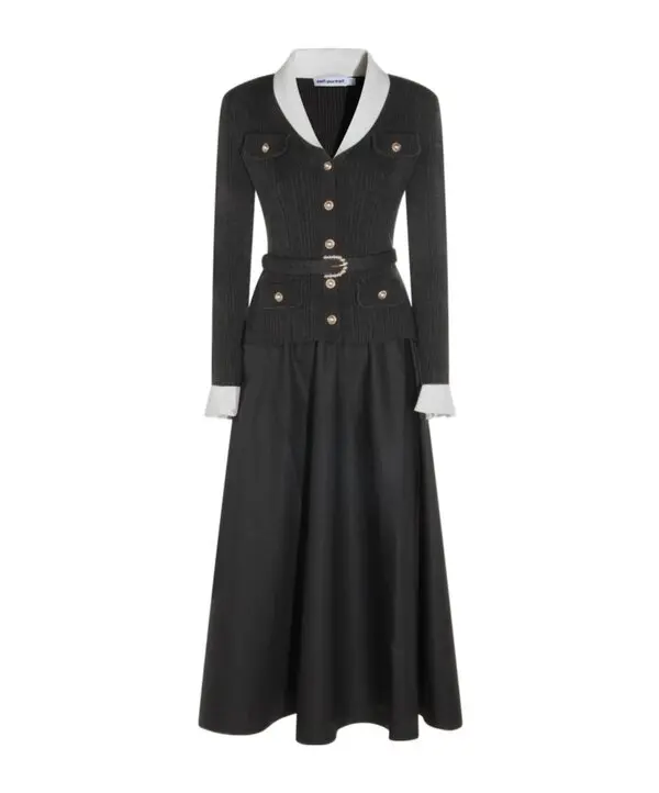 SELF-PORTRAIT Ribbed Knit Midi Dress With Belted Waist - Black