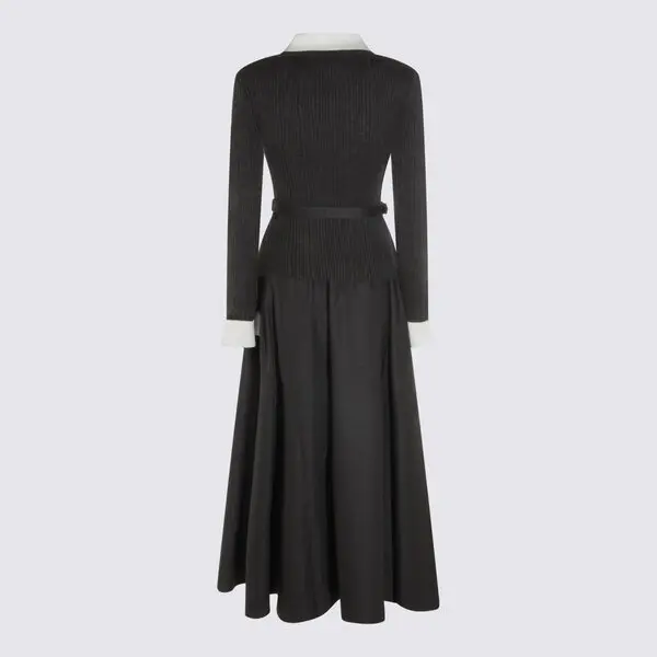 SELF-PORTRAIT Ribbed Knit Midi Dress With Belted Waist - Black