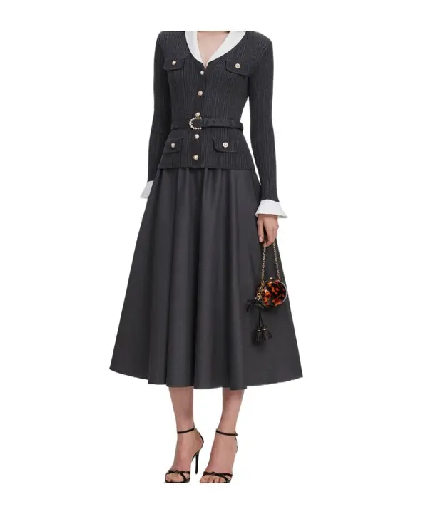 SELF-PORTRAIT Ribbed Knit Midi Dress With Belted Waist - Black