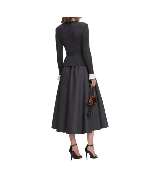 SELF-PORTRAIT Ribbed Knit Midi Dress With Belted Waist - Black