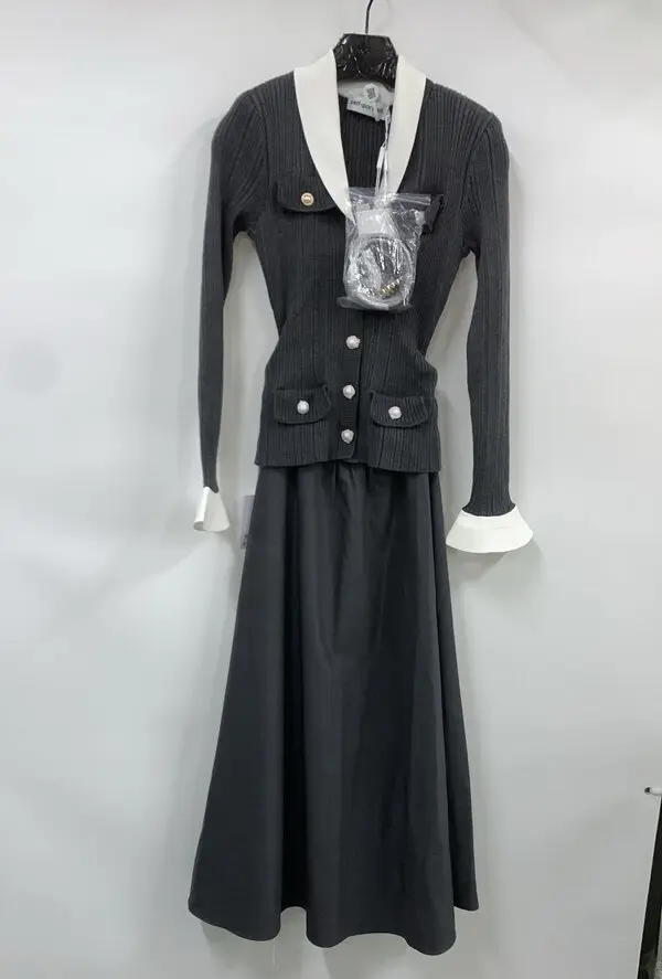 SELF-PORTRAIT Ribbed Knit Midi Dress With Belted Waist - Black