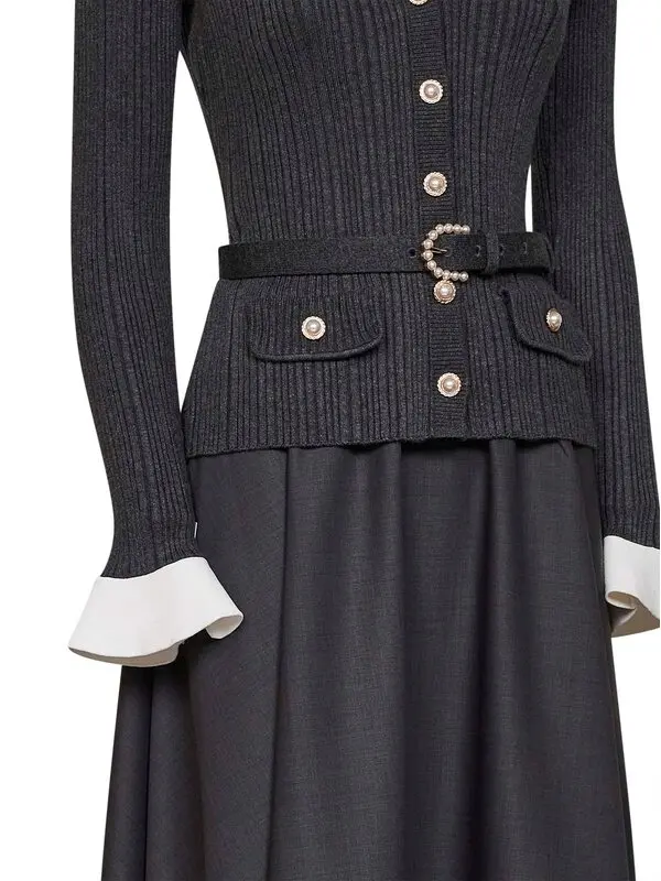 SELF-PORTRAIT Ribbed Knit Midi Dress With Belted Waist - Black